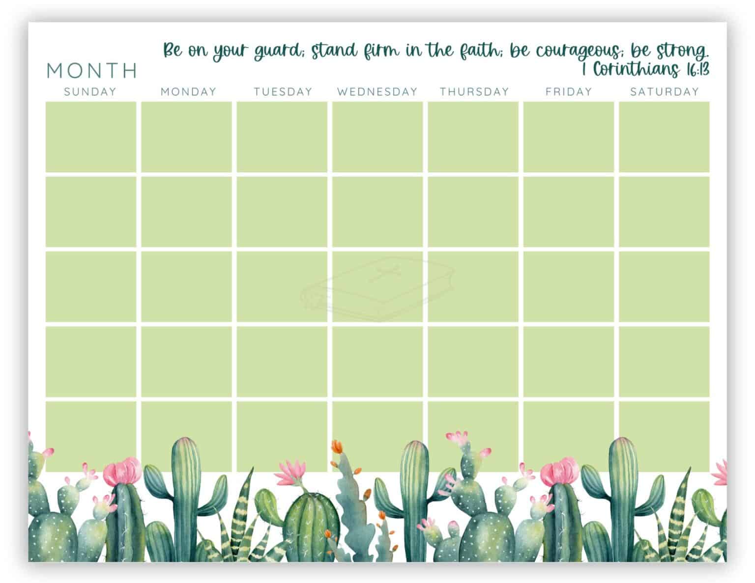 Cute Cactus Blank Calendars (Free PDF Printables) - Heavenly Printables