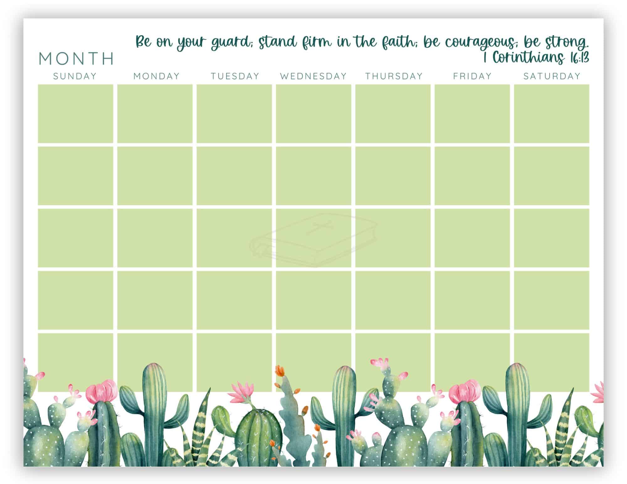 Cute Cactus Blank Calendars (Free PDF Printables) - Heavenly Printables