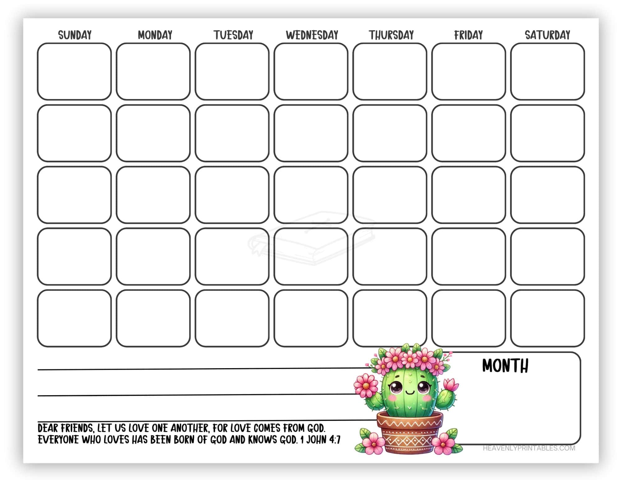 Cute Cactus Blank Calendars (Free PDF Printables) - Heavenly Printables
