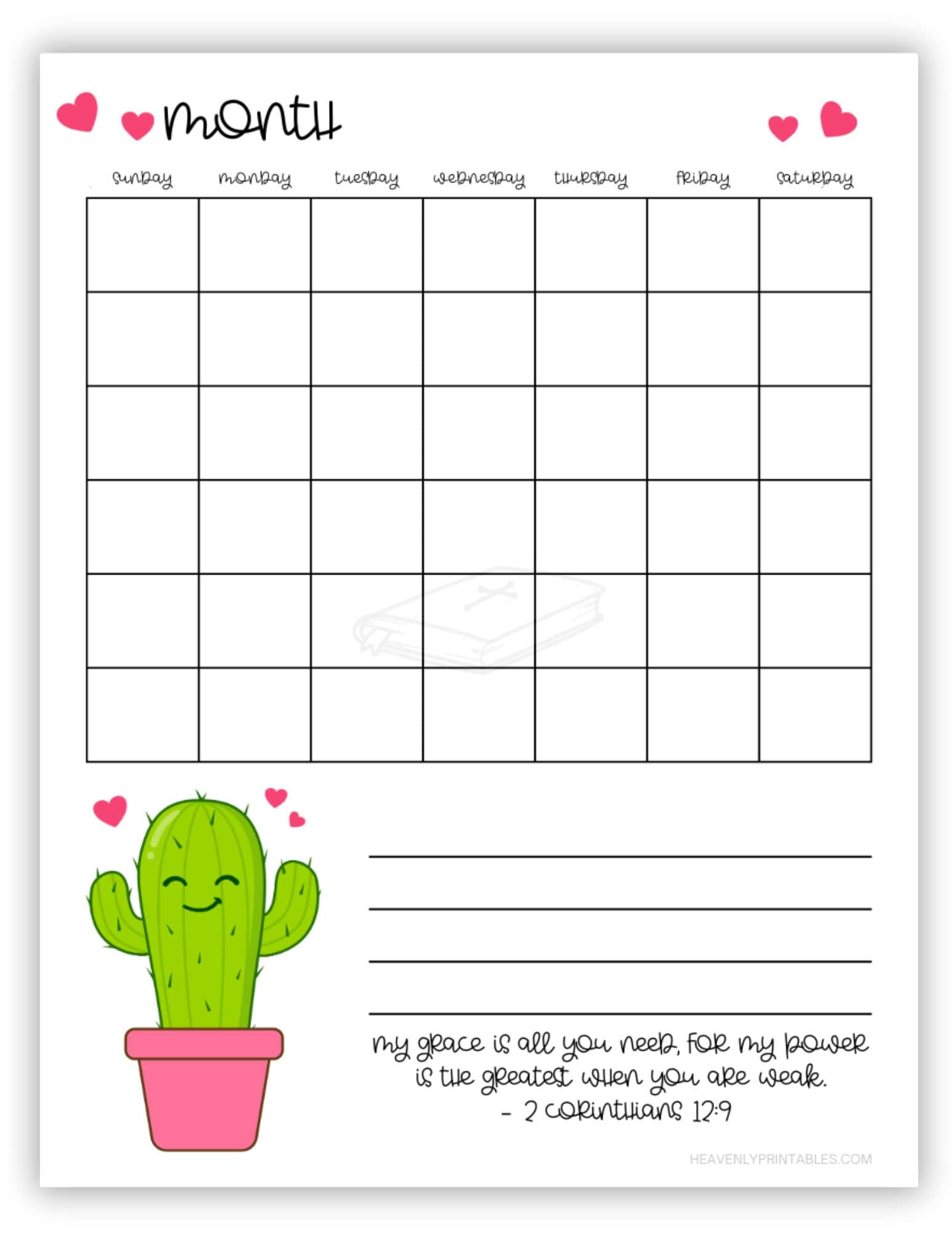 Cute Cactus Blank Calendars (Free PDF Printables) - Heavenly Printables