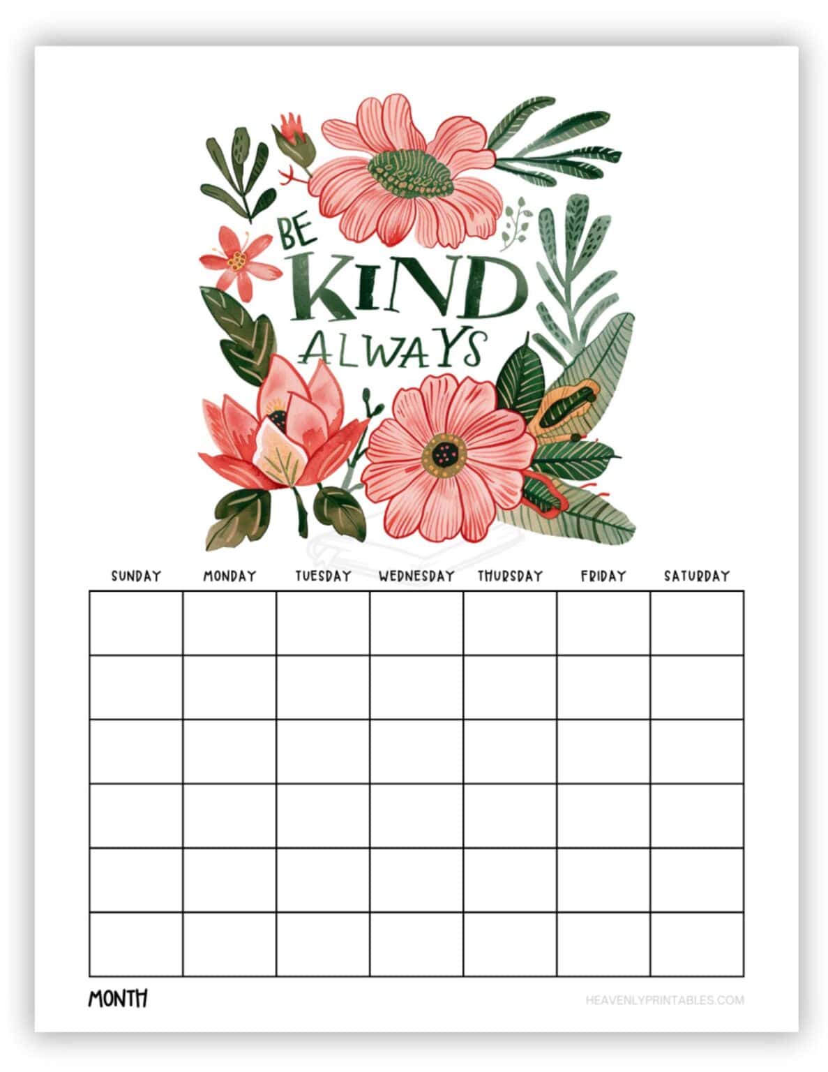 Flower-Themed Blank Calendar Printable (Free PDF Downloads) - Heavenly ...