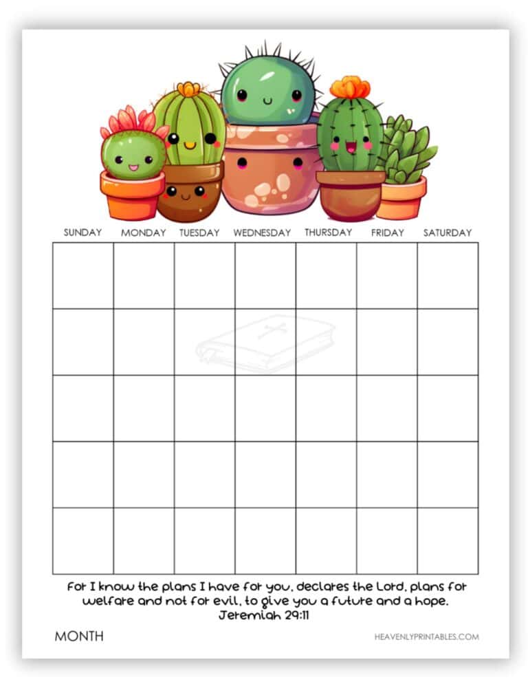 Cute Cactus Blank Calendars (Free PDF Printables) - Heavenly Printables