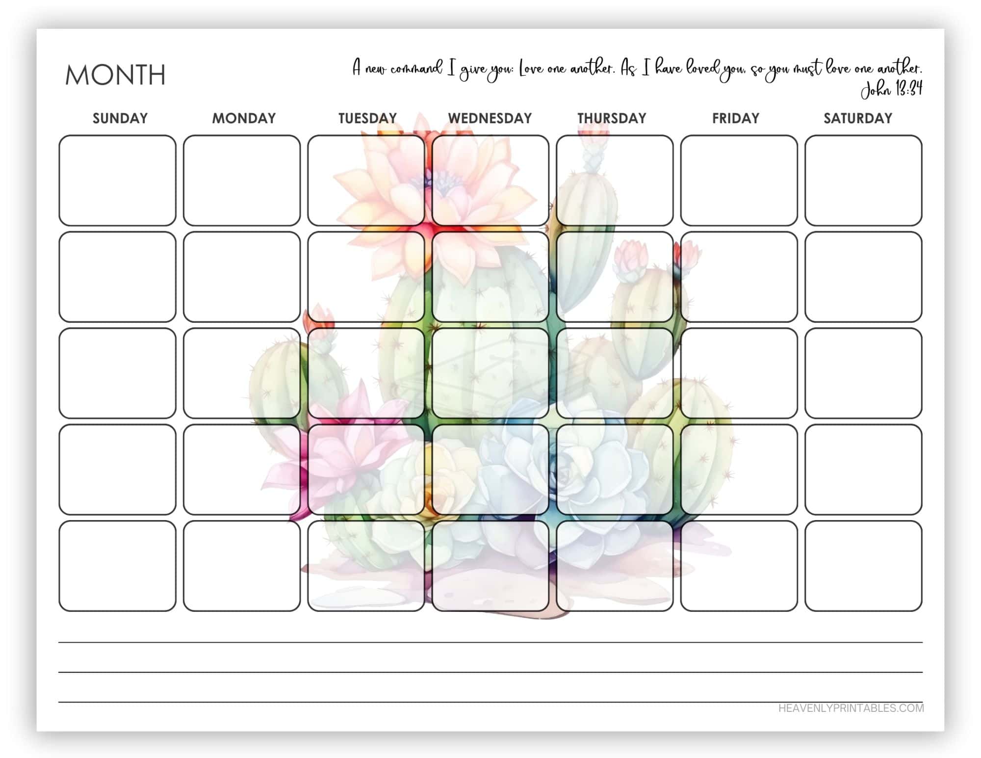 Cute Cactus Blank Calendars (Free PDF Printables) - Heavenly Printables