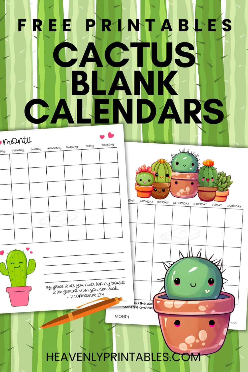 Cute Cactus Blank Calendars (Free PDF Printables) - Heavenly Printables