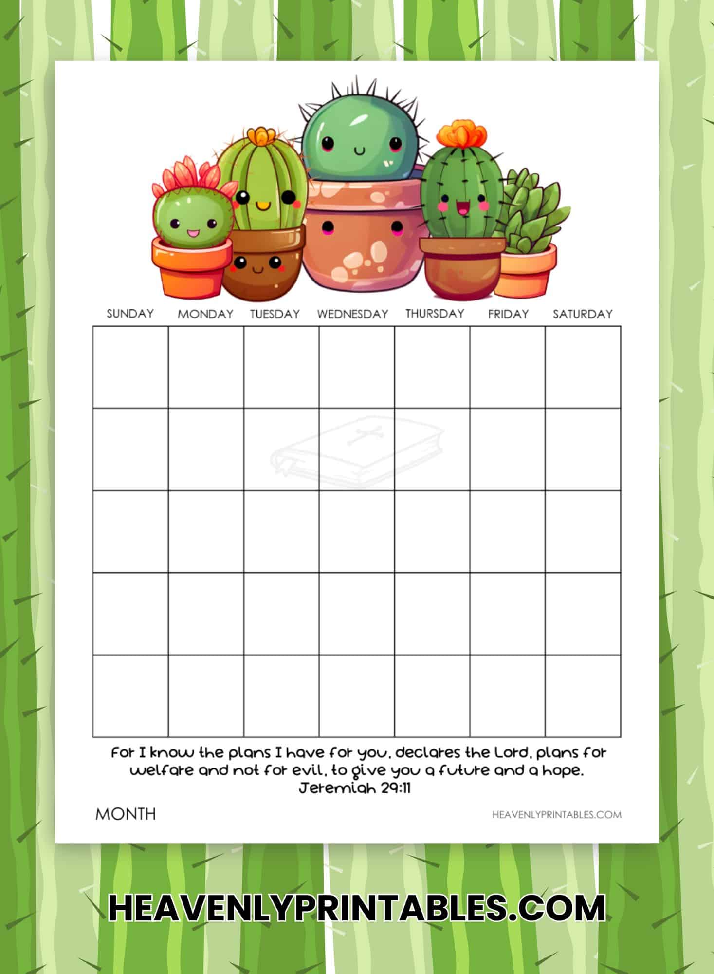 Cute Cactus Blank Calendars (Free PDF Printables) - Heavenly Printables