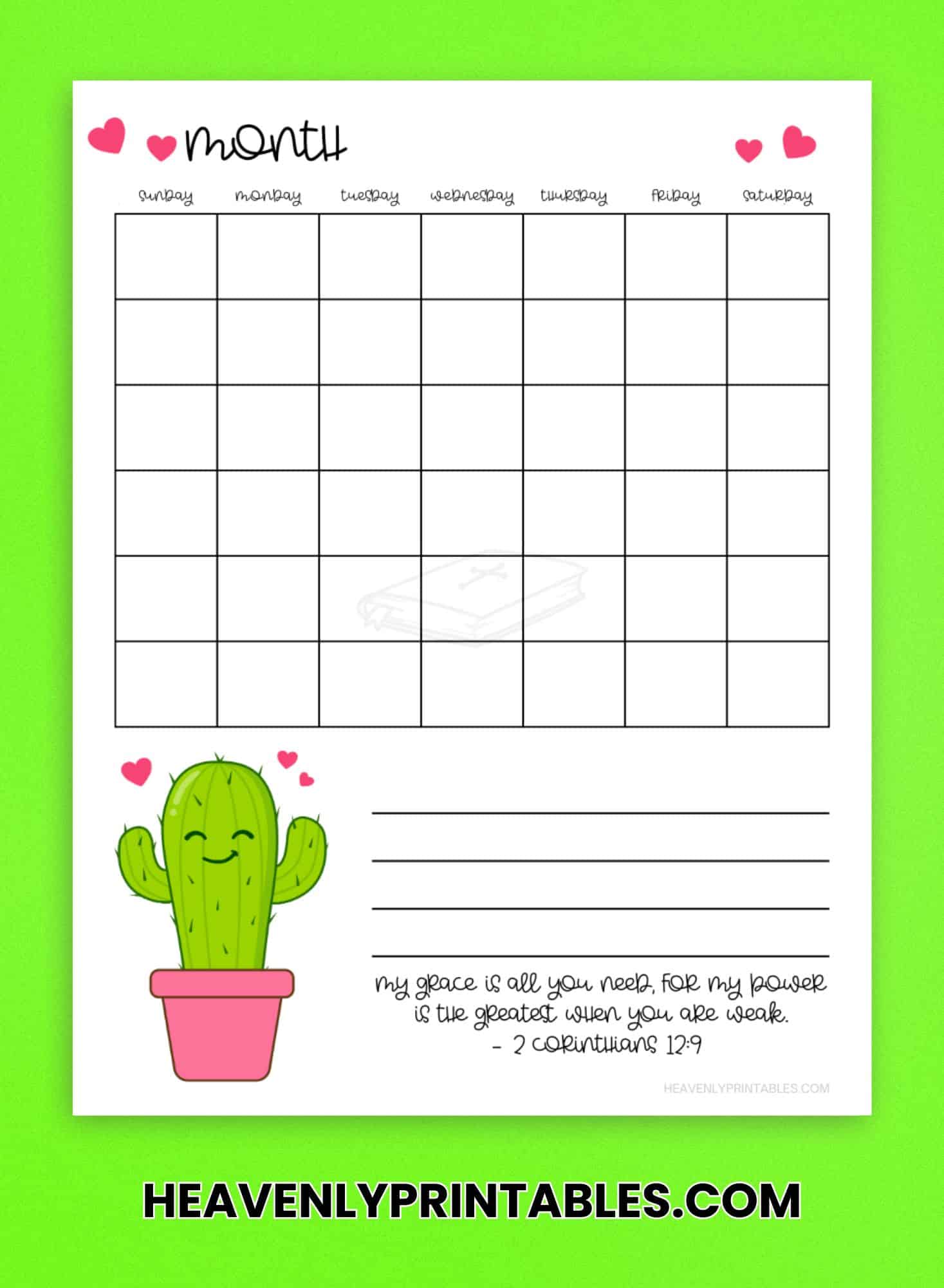 Cute Cactus Blank Calendars (Free PDF Printables) - Heavenly Printables