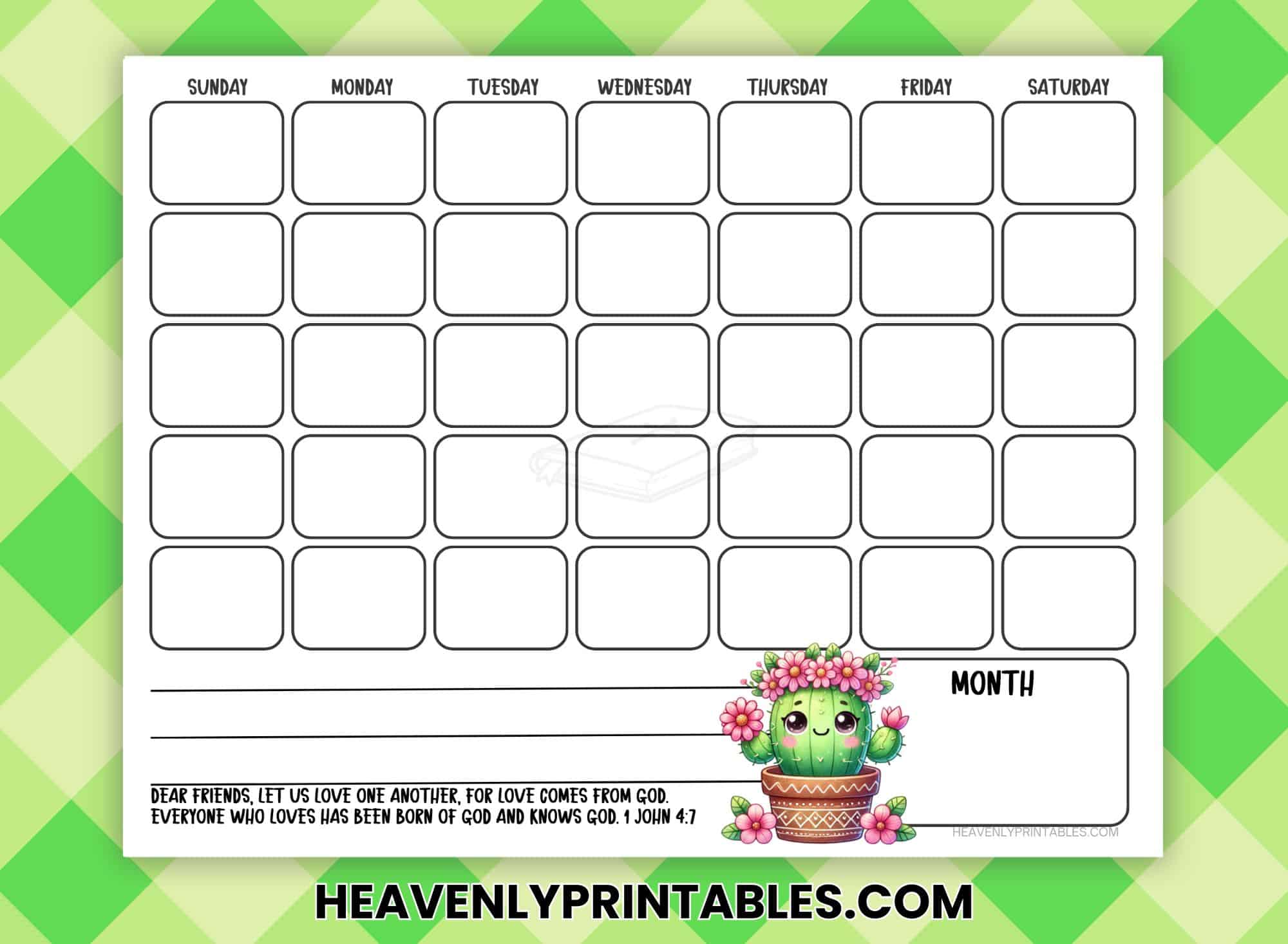 Cute Cactus Blank Calendars (Free PDF Printables) - Heavenly Printables