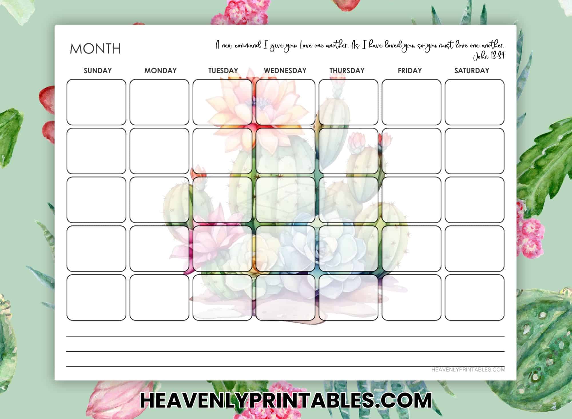 Cute Cactus Blank Calendars (Free PDF Printables) - Heavenly Printables
