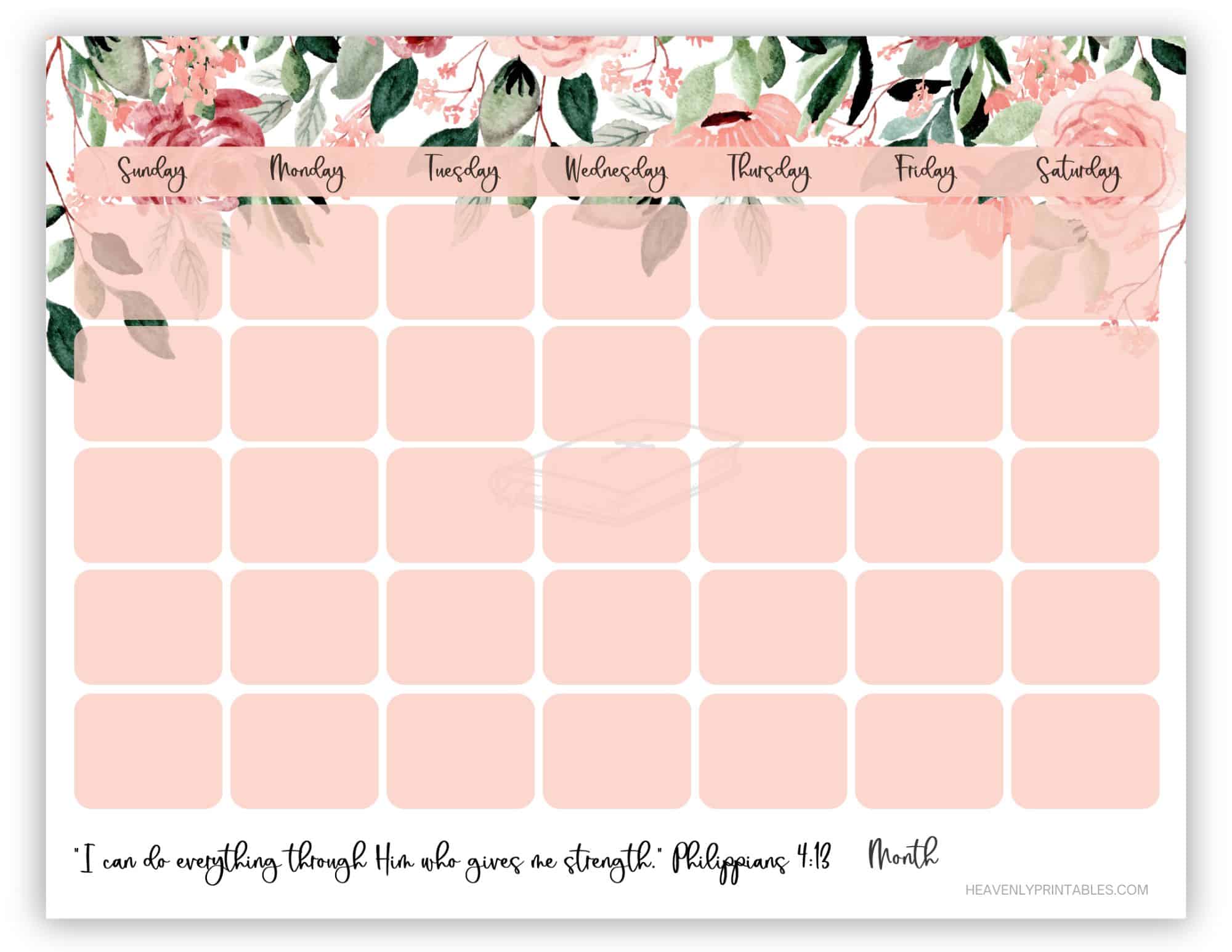 Pretty Floral Blank Calendars (Free PDF Printables) - Heavenly Printables